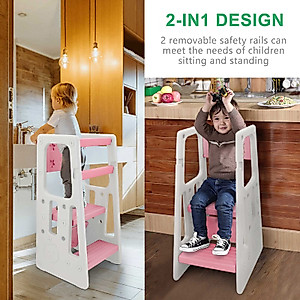 Nursery Kitchen Step Stool w/ 3 Adjustable Heights Toddler Standing Tower Kids Learning Stool w/Double Safety Rails & Non-Slip Foot Pads Cooking Stool Stand Helper Bathroom Counter Footstool (Pink)
