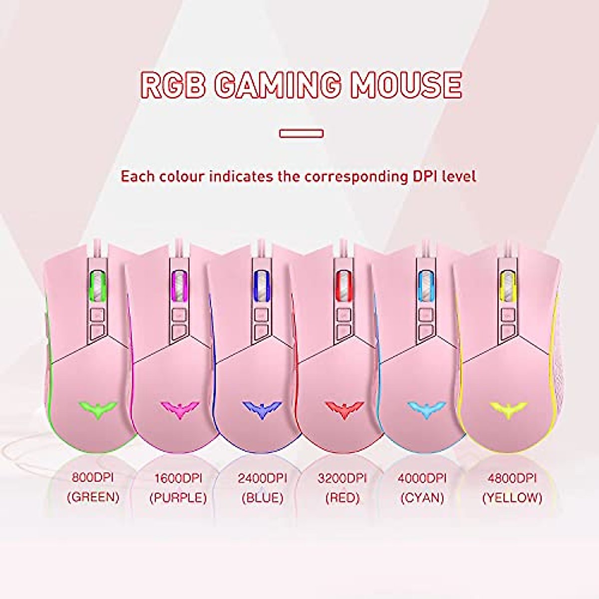 Havit RGB Gaming Mouse Wired Programmable Ergonomic USB Mice 4800 Dots Per Inch 7 Buttons & 7 Color Backlit for Laptop PC Gamer Computer Desktop (Pink) (Renewed)