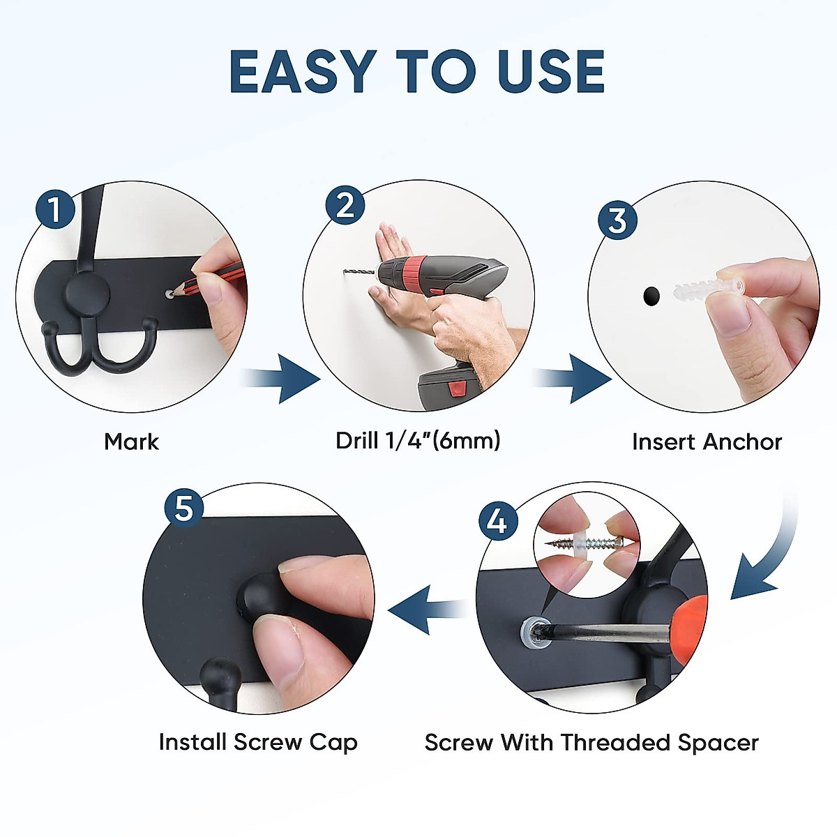 TICONN Wall Mounted Coat Rack, Five Heavy Duty Tri Hooks All Metal Construction for Jacket Coat Hat in Mudroom Entryway (Matte Black, 1-Pack)