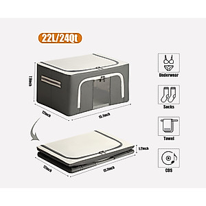 Furnhome Clothes Storage Organizer Bins, Stackable Storage Bins-Foldable Oxford Cloth Steel Frame Storage Box for Clothing Storage with Clear Window & Reinforced Handles (Dark Grey, 22L, 3PCS)