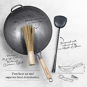 Mammafong Traditional Hand Hammered Round Bottom Carbon Steel Pow Wok Set with Wok Spatula and Bamboo Brush (14 inch wok set with wok accessories)