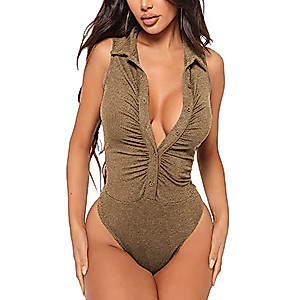 Women's Henley Shirt Sexy V Neck Button Down Ribbed Sleeveless Bodysuits Collared Leotard Tops