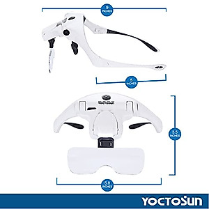 YOCTOSUN Magnifying Glasses with 4 LED Lights, Headband Magnifier with 5 Detachable Lenses 1X, 1.5X, 2X, 2.5X 3.5X -Rechargeable Hands Free Lighted Head Magnifier Glass for Crafts, Cross Stitch, Hobby