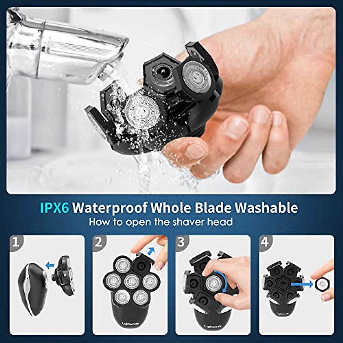 Head Shavers for Bald Men, Lighwode Waterproof 7D Blad Head Shaver Wet/Dry Anti-Pinch 5 in 1 Cordless LED Electric Razor Grooming Kit with Hair Clippers Beard Trimmer Nose Trimmer Cleansing Brush