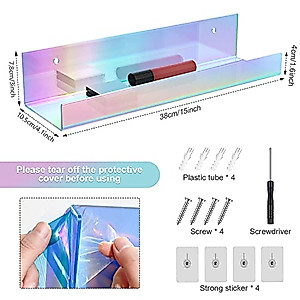 Newthinking 15 Inch Rainbow Acrylic Floating Shelves, 2 Pack Iridescent Floating Shelves Acrylic Wall Shelf Display Bookshelf for Bedroom Bathroom Kitchen