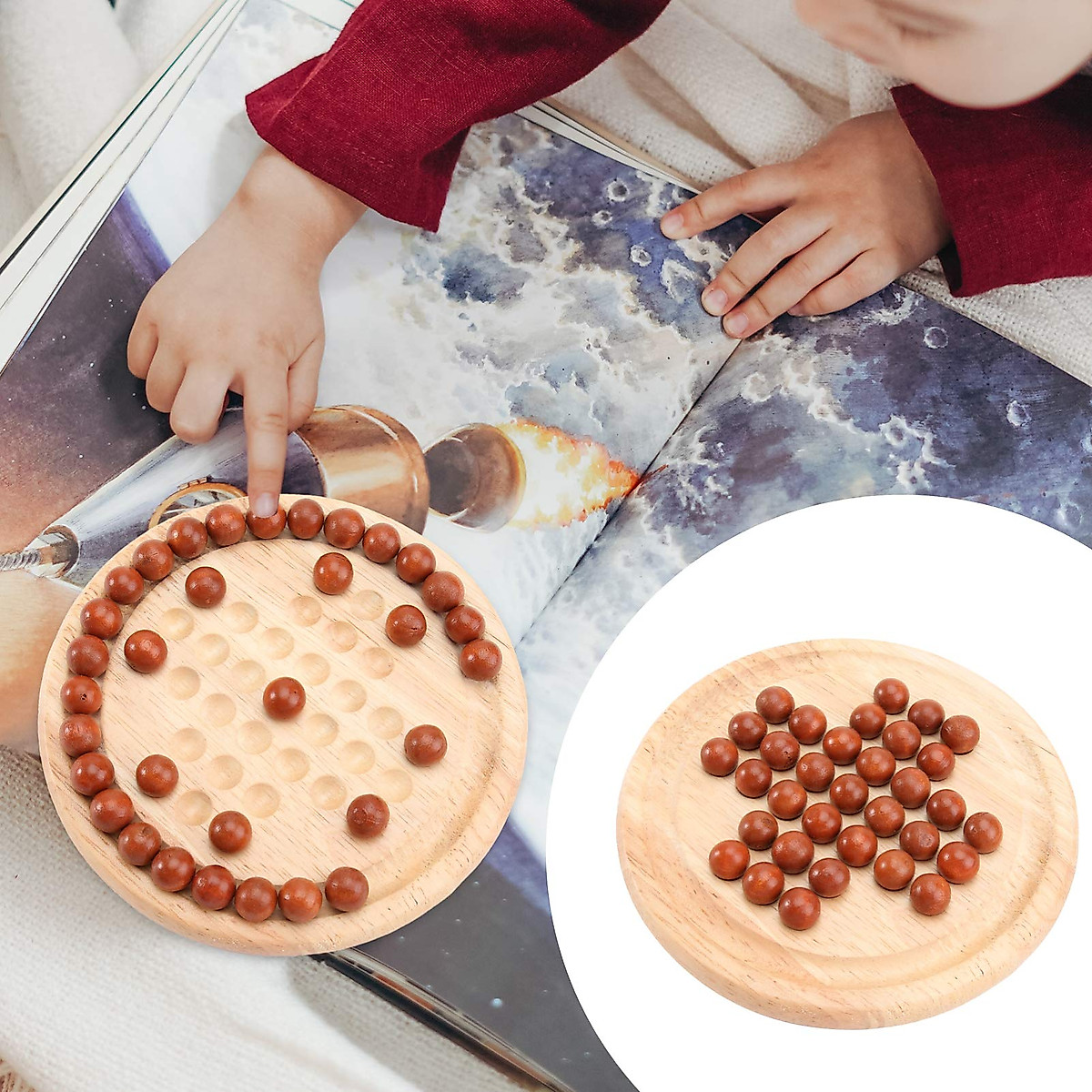 NUOBESTY Wooden Solitaire Board Game Brain Game Set Solitaire Chess Bead Wood Marbles Chess Puzzle Peg for Students Adults（14x14x2.8 cm）