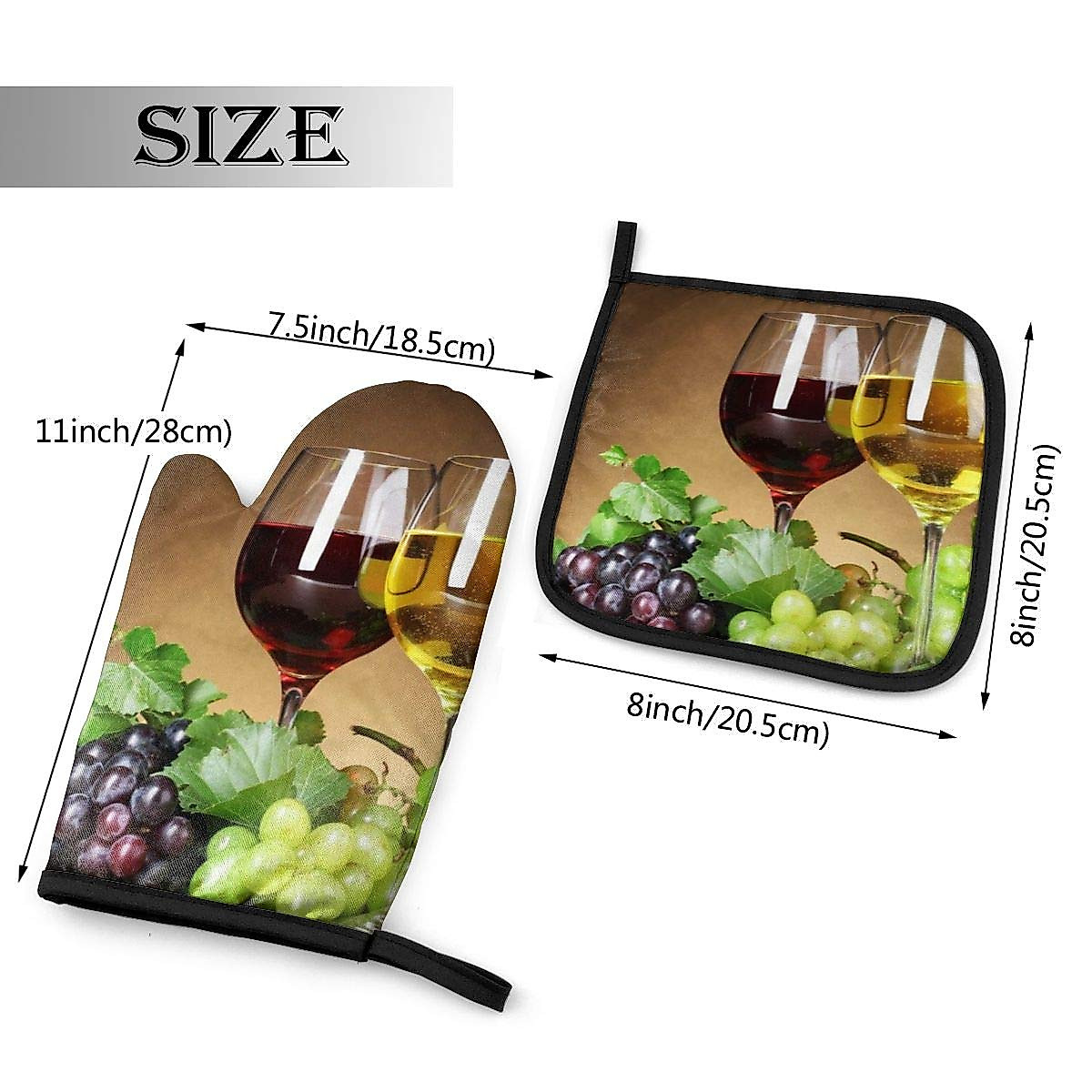 Grape Wine Red and White Oven Mitts and Pot Holders Sets,Heat Resistant Non-Slip Cooking Gloves with Cotton Lining for Kitchen Baking Grilling BBQ
