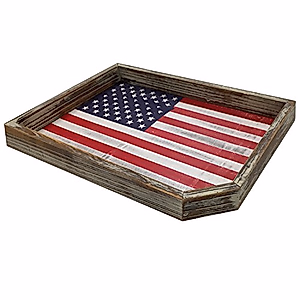 MyGift American Flag Design Serving Tray - Rustic Torched Wood Decorative Display Ottoman Coffee Table Tray