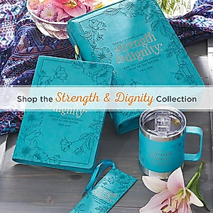 Christian Art Gifts Stainless Steel Double Wall Vacuum Insulated Camp Style Travel Mug 11 oz Floral Teal Coffee Mug with Lid and Handle for Women - Strength and Dignity - Proverbs 31:25