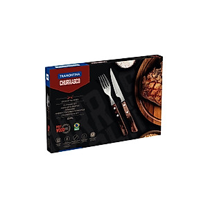 Tramontina Churrasco Premium Steak Knife Fork Set, 12 Piece with Brown Wooden Handles