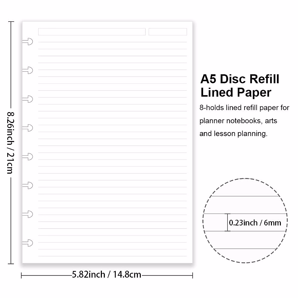 Junior Size Discbound Refill Paper - 8 Discs Discbound Paper, Lined Arc Paper Refill, 100gsm, Disc Paper Refill White Paper, 100 Sheets/200 Pages, 5.8 X 8.25 in