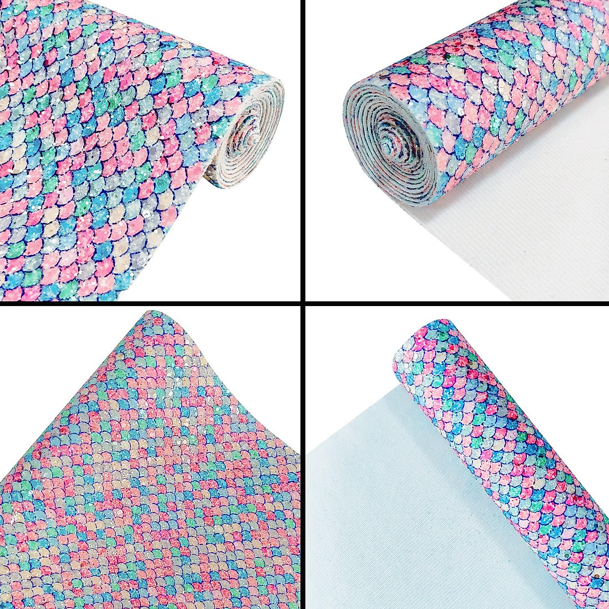 Greatdiy Sparkly Mermaid Chunky Glitter Faux Leather Roll 12 x 52 inch Shiny Synthetic Leatherette Fabric for Making DIY Bows Crafts (24008#16)