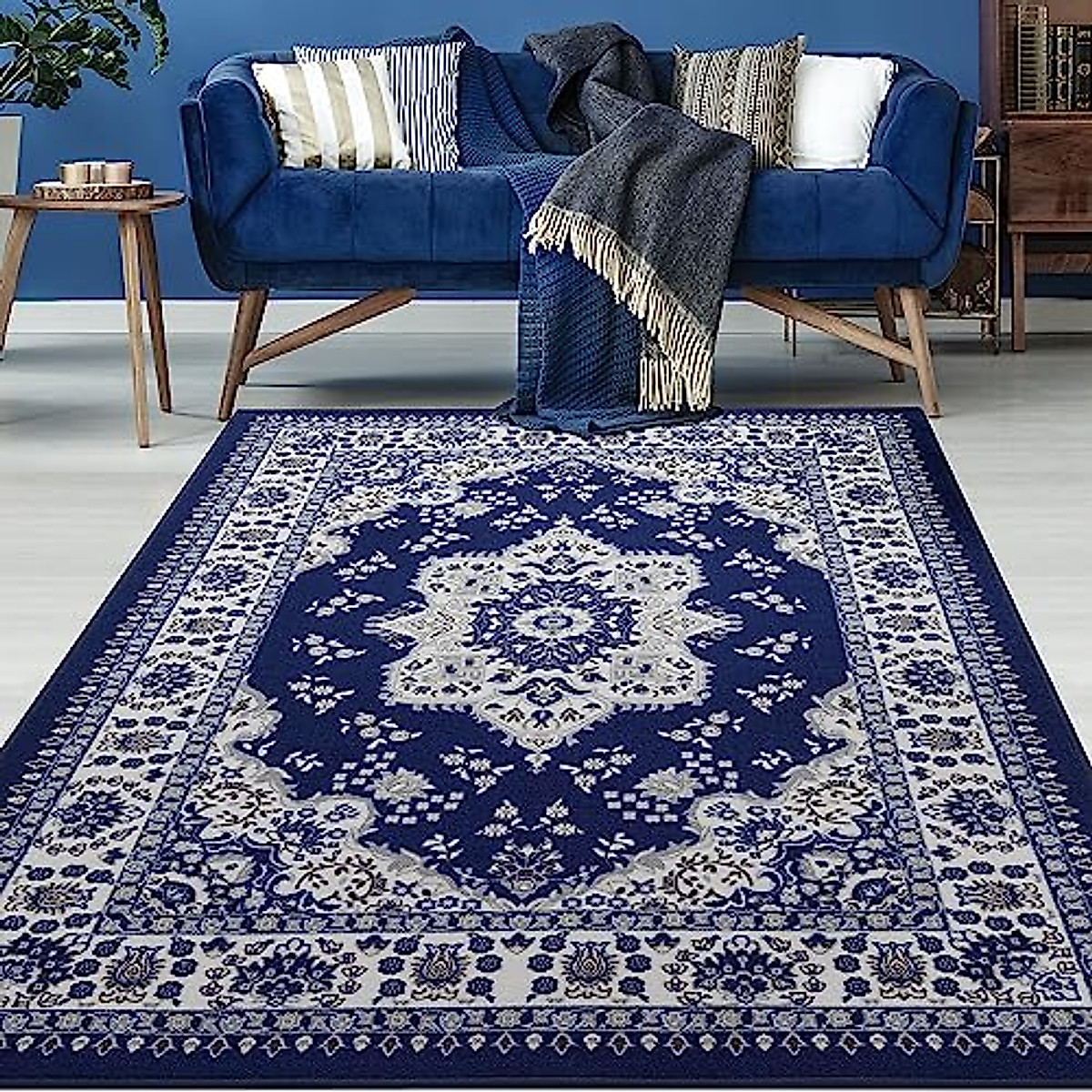 Antep Rugs Alfombras Oriental Traditional 8x10 Non-Skid (Non-Slip) Low Profile Pile Rubber Backing Indoor Area Rugs (Navy Blue, 7'10" x 10')