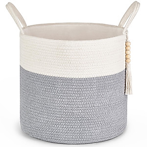 Mkono Woven Storage Basket Decorative Rope Basket Wooden Bead Decoration for Blankets,Toys,Clothes,PlantOrganizer Bin with Handles Living Room Home Decor, Grey and White, 16" W × 13.8"L