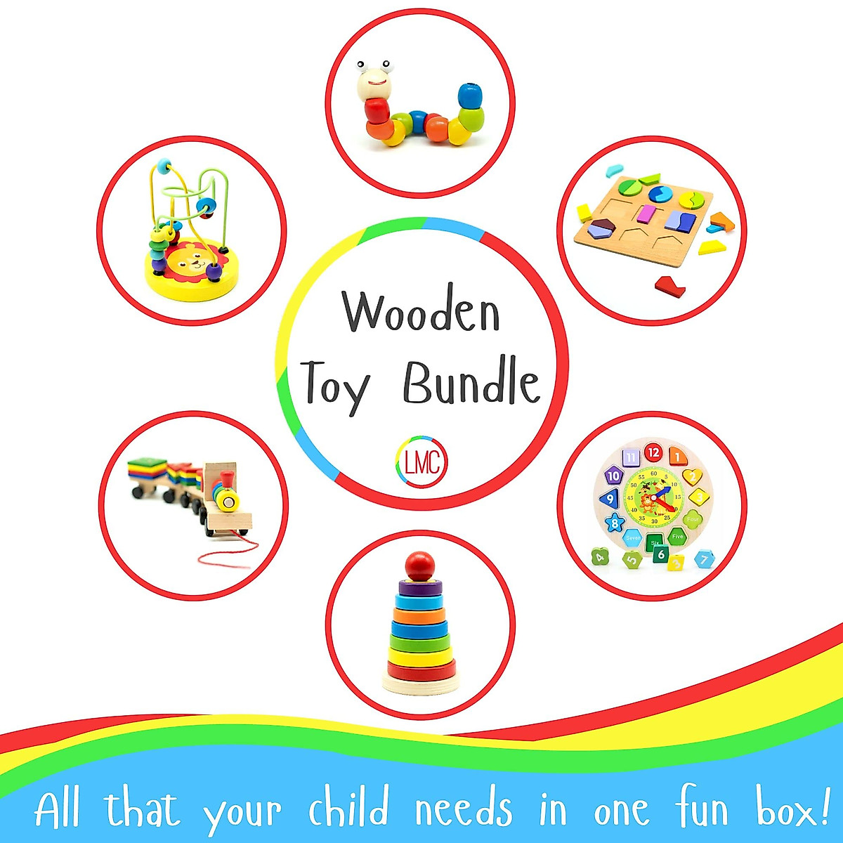 LMC Products Variety Pack of 6 Wooden Toys - Toys for Toddlers 3 Year Old & Up, Stacking & Lacing Toys, Fine Motor Skills Toys, Bead Maze, Educational Shape Puzzle