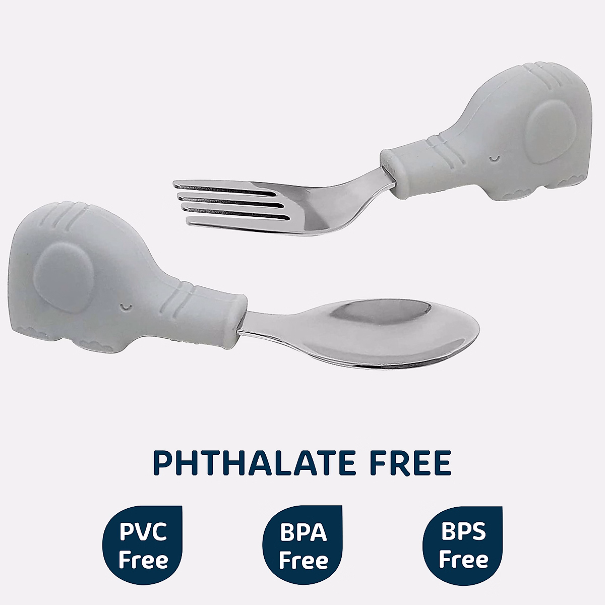 Tiny Twinkle Easy Grip Toddler Utensils Spoon and Fork Set - BPA & Phthalate Free Utensil Sets, Kids Silverware With Silicone Handle, Baby Led Weaning Supplies for 12 Months & Up (Grey Elephant)