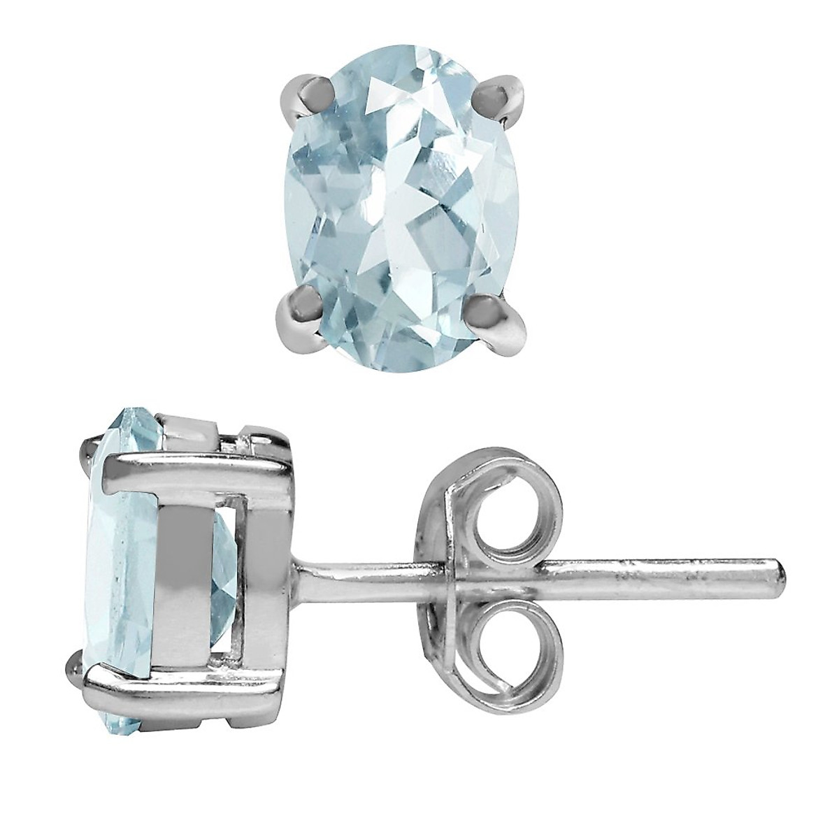 Silvershake 1.32ct. 7X5mm Genuine Oval Shape Blue Aquamarine White Gold Plated 925 Sterling Silver Stud Earrings