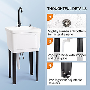 VINGLI Utility Sink Laundry Tub for Washing Room, Freestanding Utility Sink with Stainless Steel Faucet, (White, 19.7"W x 18.9"D x 33"H)