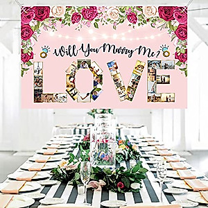 MEFENG Will You Marry Me Photo Backdrop Banner-Rose Diamonds and LOVE Sign Photo Banner-Proposal Announcement Engagement Wedding Bridal Shower Party Decor-Indoor Outdoor Photo Backdrop Banner.6*3.6feet