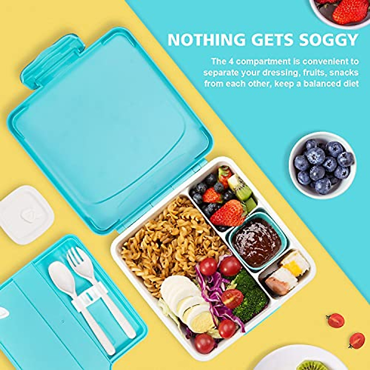 ECHTPower Bento Box, 1.3L Lunch Box with Handle Outer Box for Kids Children, Leak-Proof Lunch Containers with 4 Compartments, Extra Sauce Cup, Cutlery,Food-Safe Materials,Microwave and Dishwasher Safe