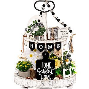 14pcs Farmhouse Tiered Tray Decor Set, 3D Rustic Farmhouse Home Kitchen Decor Home Sweet Home Wood Sign, Tiered Tray Decorations Set for Home Table Shelf decor