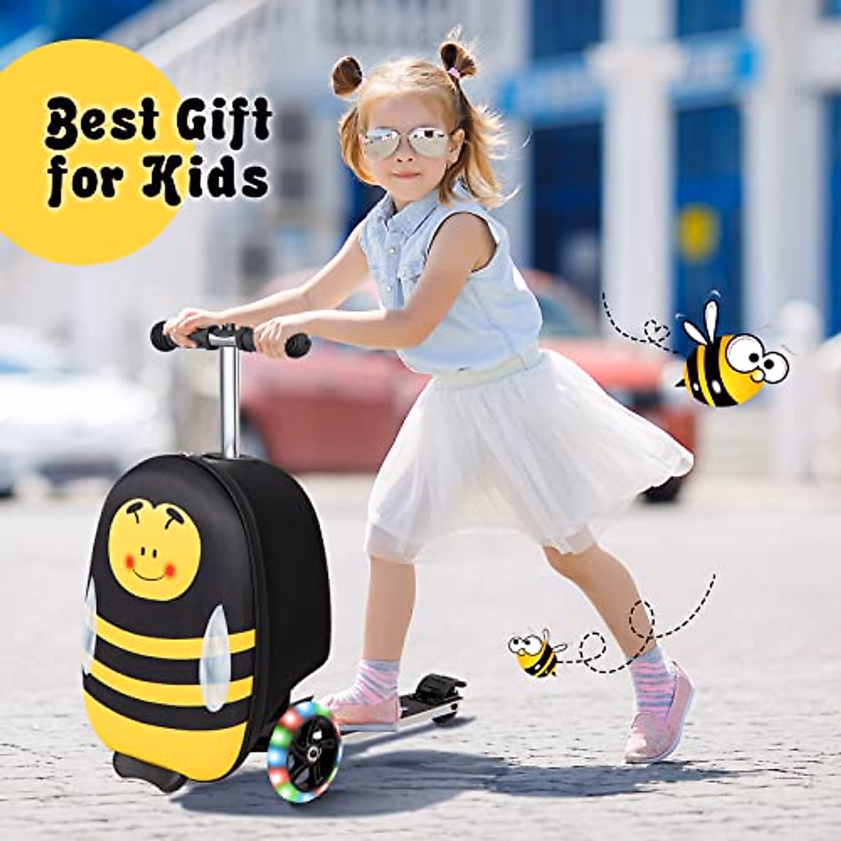 HONEY JOY Kids Scooter Suitcase, 18” Children Carry on Scooter Luggage w/Light-up LED Wheels, Waterproof Shell & Retractable Handle, Lightweight Foldable Ride on Suitcase