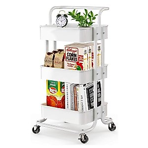 YKL 3-Tier Utility Rolling Cart,Mobile Utility Cart with Lockable Caster Wheels, Metal Organization Cart with Handle Multifunctional Storage Shelves for Kitchen Living Room Office White
