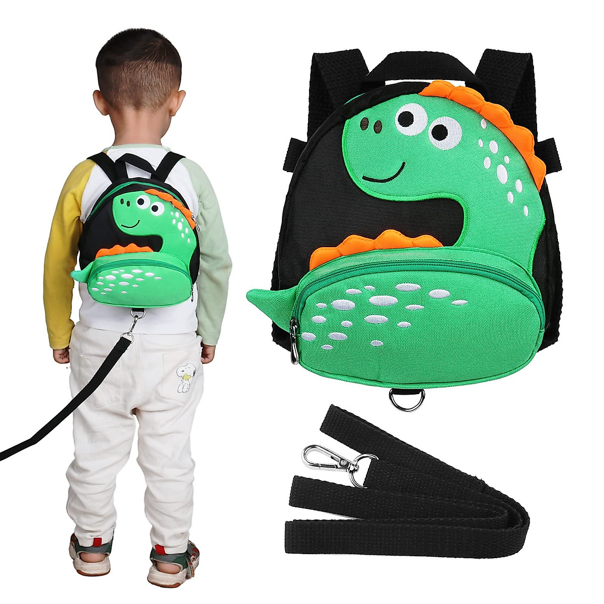 Yuepin Backpack Leash for Toddlers + Anti Lost Wrist Link, Dinosaur Kids Backpack Harness with Leash for 1-5 Years Old Boys and Girls Christmas Gift (Dinosaur Black)