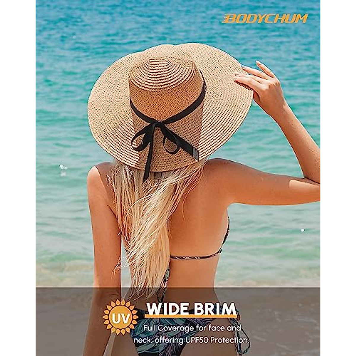 Womens Wide Brim Straw Sun Hat UV Protection UPF50 Foldable Beach Hat Floppy Packbale Summer Hat Travel(Khaki)