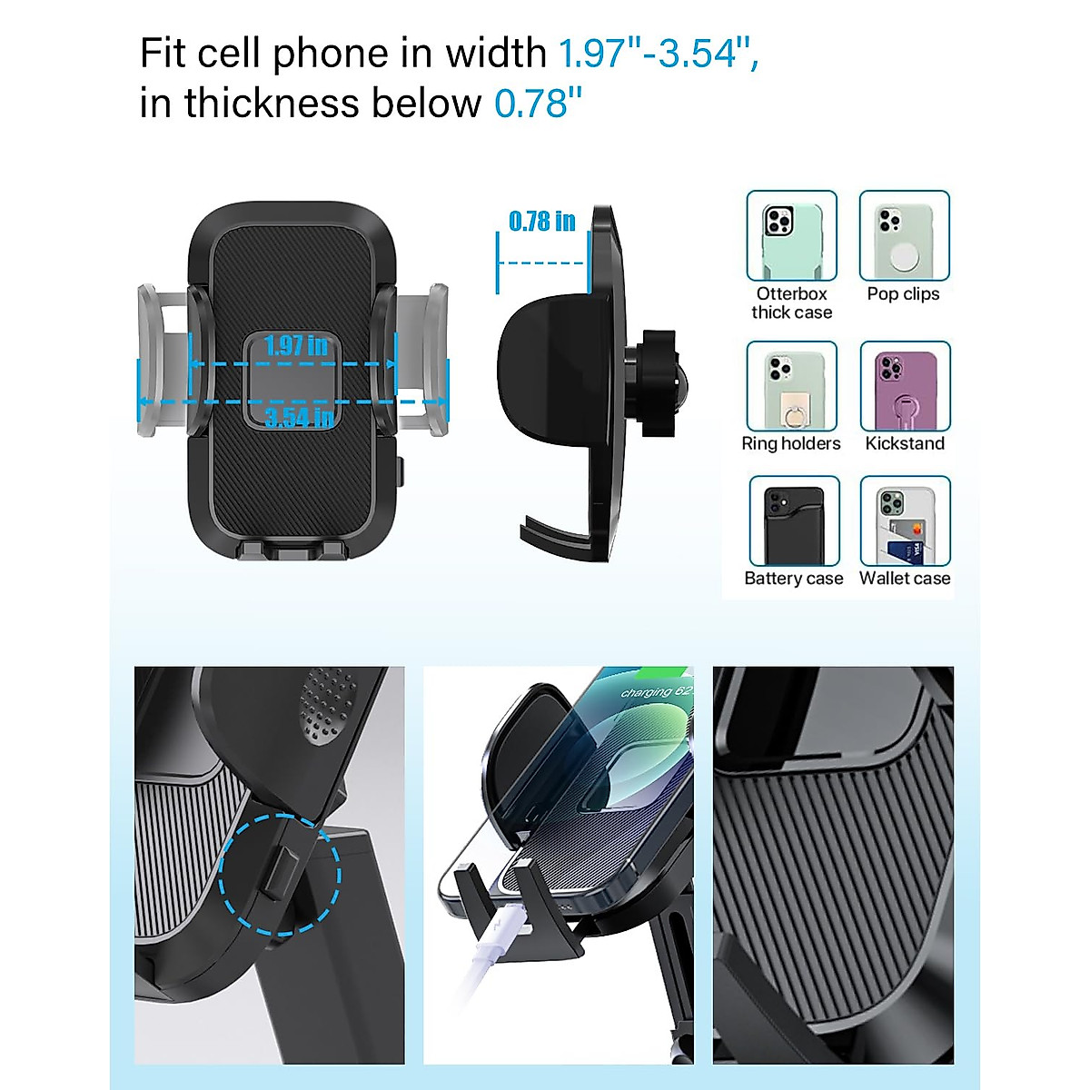 ENQINN Cup Holder Phone Mount for Car with Expandable Base, 2-in-1 Adjustable Cup Cellphone Holder Mount Compatible with iPhone Samsung Pixel and All Smartphones and Other Bottles Mugs in 3.4"-4.0"