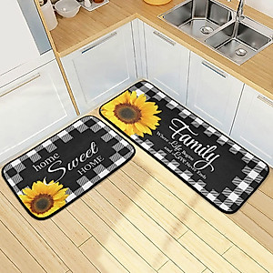 Black White Buffalo Plaid Check Sunflower Kitchen Rugs and Mats Set of 2 Non Slip Kitchen Floor Mats Comfort Standing Desk Mat for Doormat Bathroom Bedroom Runner Area Rug for Home Decor Washable