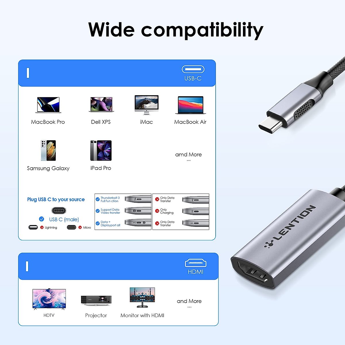LENTION USB C to HDMI Adapter 4K@60Hz,Thunderbolt 3/4 to HDMI Adapter,HDMI to USB-C Adapter,USB-C Compatible 2023-2016 MacBook Pro,New iPad/Surface/Mac Air,Galaxy,Pixelbook,XPS etc(CU607,Space Gray)