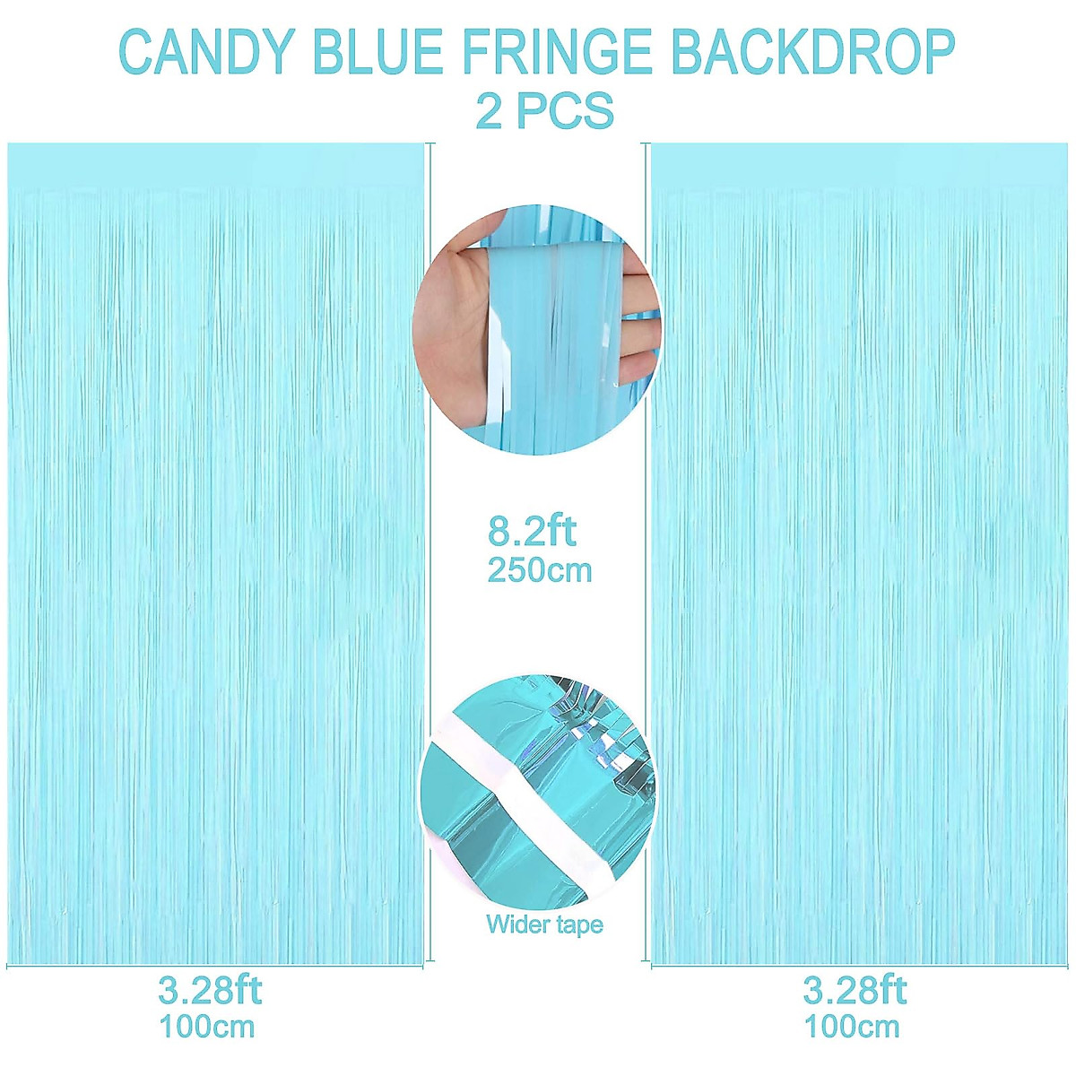 KALOR 2 Pcs 3.2ft x 8.2ft Candy Blue Metallic Shiny Tinsel Foil Fringe Curtain Photo Booth Backdrop for Birthday Party Baby Shower Wedding Graduation Party Decorations