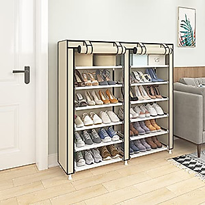 UDEAR Shoe Rack Portable 7 Tier Free Standing Shoe Organizer with Dustproof Cover Beige