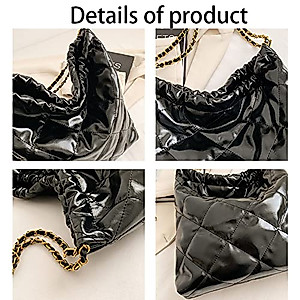 Hobo Bags for Women Designer PU Leather Shoulder Handbag Shiny Quilted Hobo Bag Women's Shoulder Bag (Black)