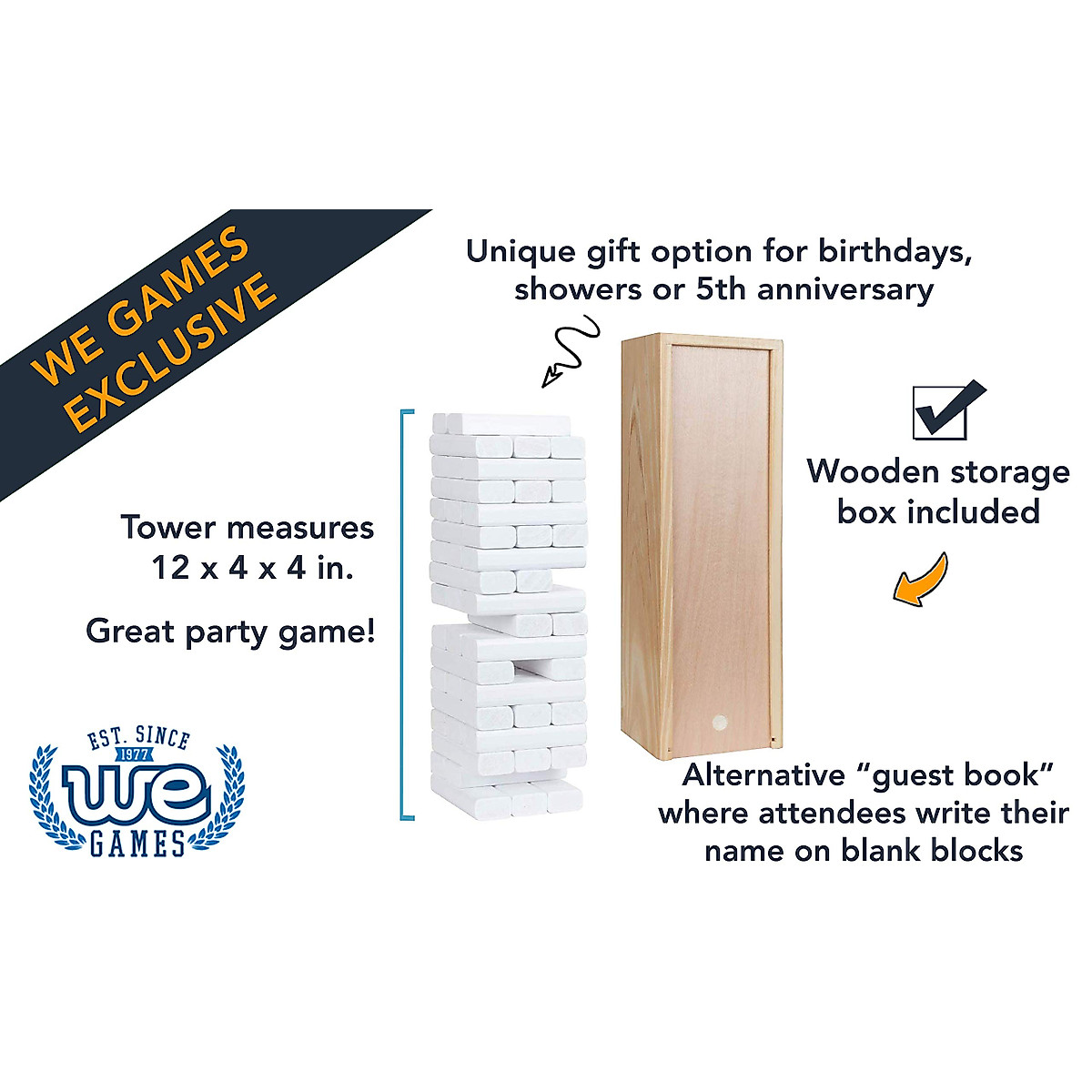 WE Games Wooden Block Stacking Party Game for Adults, Tumble Tower Wedding Guest Book Alternative, Tabletop Games, Includes Storage Case, 12 inches