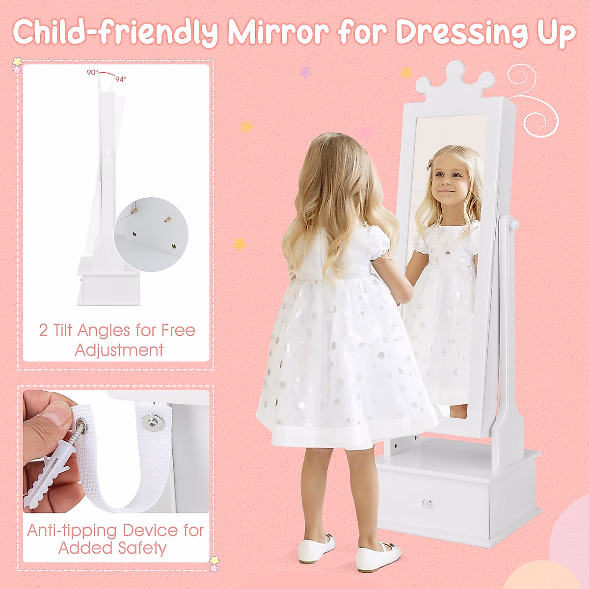 Costzon Kids Jewelry Armoire Cabinet, 45” Standing Jewelry Organizer with Full-Length Mirror, 3 Storage Drawers, Kids Vanity Dress Up Mirror Jewelry Cabinet for Girls (White)