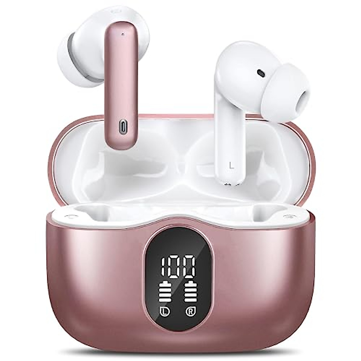 HISOOS Wireless Earbuds Bluetooth Headphones LED Power Display Earphones ANC Ear Buds with Charging Case Bluetooth 5.3 Hi-Fi Stereo for iPhone/Android,Valentine's Day Birthday Gifts (Rose Gold)