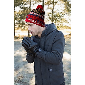 TINKUY Peru Geometric Pom Pom Beanie, Authentic Peruvian Alpaca Woolen Bobble Hats for Men and Women, Red