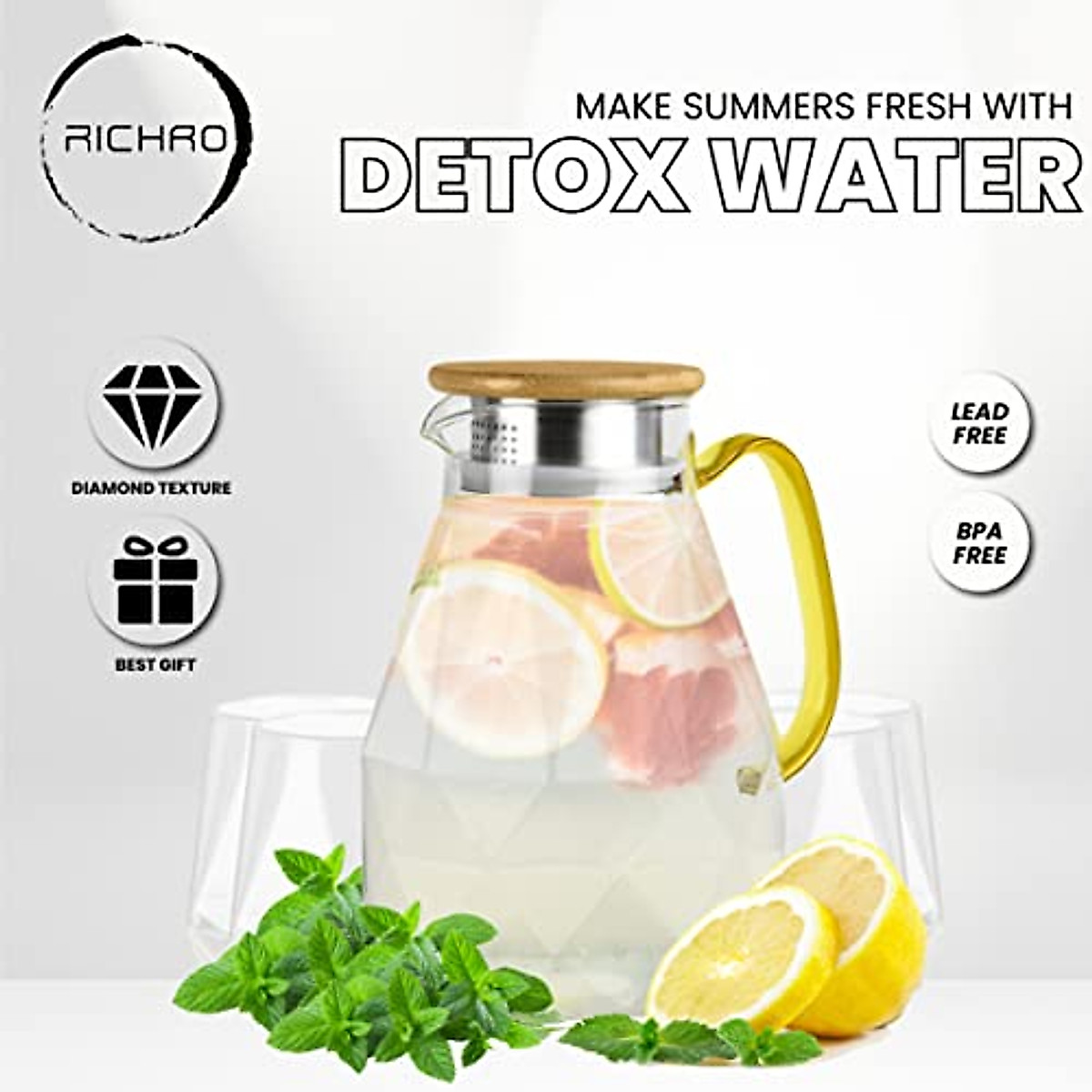 Richro Glass Pitcher With Lid and Spout Set of 6 - Heat Resistant Glass Pitcher With Stainless Steel Lid 60 oz Good For Coffee Juice Beverage Pitcher For Juice and Iced Tea Pitcher Water Carafe