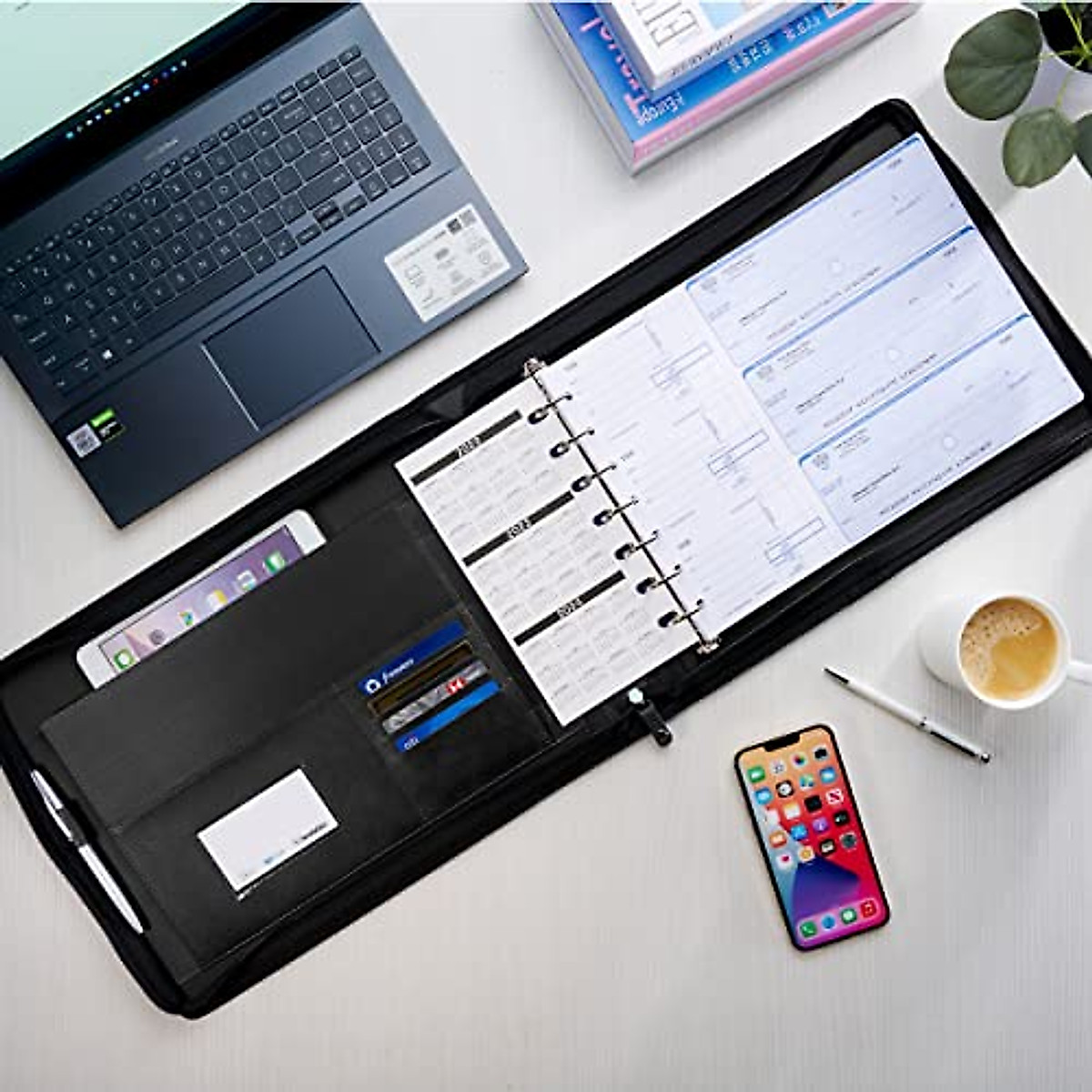 Inkline 7 Ring Check Binder Portfolio -Professional PU Leather Binder with Zippered Closure -500 Check Capacity -9x13 Inch Sheets -Document & Card Organizer - Large Tablet Pocket - Black (80013)