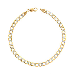 Nuragold 10k Yellow Gold 5.5mm Cuban Chain Curb Link Diamond Cut Pave Two Tone Bracelet, Mens Womens Jewelry 7" 7.5" 8" 8.5" 9"