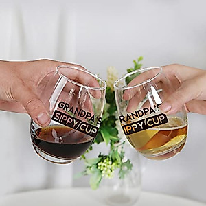 Jogskeor Grandpa's Sippy Cup Wine Glass For Christmas Birthday Fathers Day Clear Stemless Wine Glass Grandpa Funny Gifts For Grandpa From grandchildren granddaughter Daughter Son Wine Glasses 15oz
