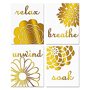 LHIUEM Gold and White Bathroom Pictures Wall Art Decor,Abstract Flowers Gold Foil Print,Set of 4 Soak Relax Unwind Quote and Saying Yellow Art Print for Bathroom Toilet Decor (8 X 10, UNframed)