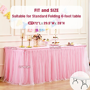 Suppromo 6ft Pink Tablecloth with Tulle Table Skirt for Rectangle Tables 3 Sides Pink Tutu Table Cover for Baby Shower Girls Birthday Party Wedding Dessert Cake Table Decorations