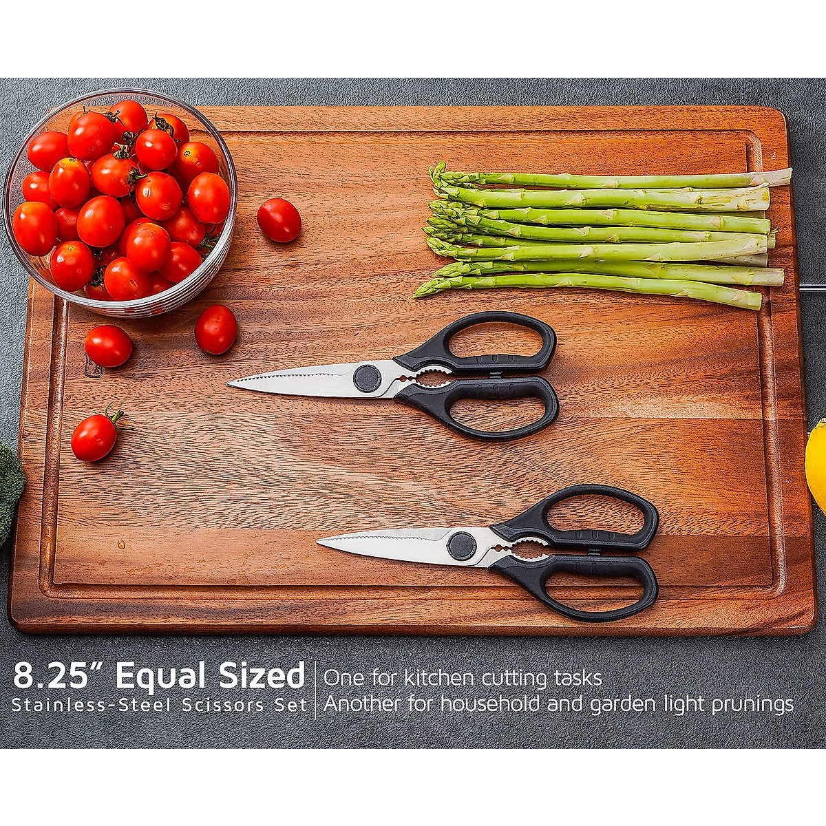 Multifunction Kitchen Scissors 2-Piece Set WELLSTAR, Heavy Duty Food Shears for Chicken Meat Vegetable Fish Herb Poultry Stainless Steel Cooking Scissors with Comfortable Handle Scissors Set (Black)