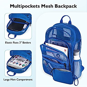 mommore Mesh Backpack with Pencil Bag for School Heavy Duty Mesh Bookbag with Reinforced Padded Straps See Through Backpack for Diving, Working, Travelling, Beach, Gym, Blue