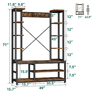 YITAHOME Entryway Hall Tree with Bench and Shoe Storage Shelves, 5-in-1 Coat Rack with Shoe Storage Bench, Industrial Mudroom Bench with Two Side Storage Shelves, for Hallway, Bedroom, Rustic Brown