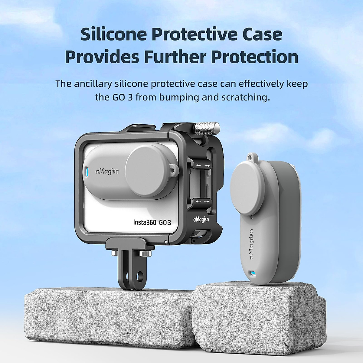 Rszfnjxry Aluminum Frame Cage with Lens Silicone Case for Insta360 GO 3,Metal Protective Durable Housing Case with Cold Shoe Mount (Model Number 2)