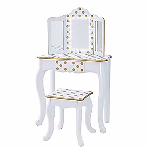 Fantasy Fields Teamson Kids Pretend Play Kids Vanity Table and Chair Vanity Set with LED Mirror Makeup Dressing Table with Drawer Fashion Polka Dot Prints Gisele Play Vanity Set White/Gold